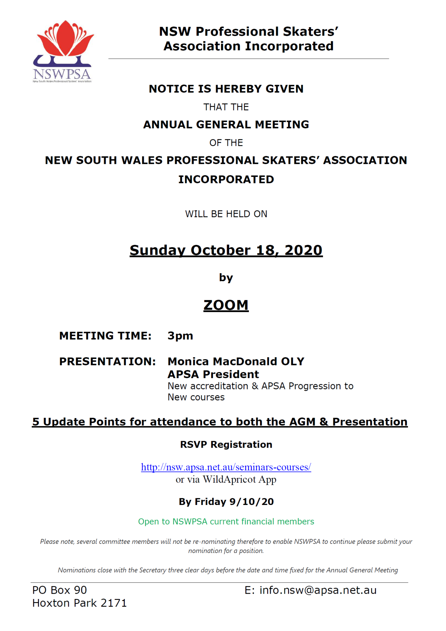 NSWPSA 2020 AGM – NOTICE OF MEETING 18/10/20 – NSWPSA